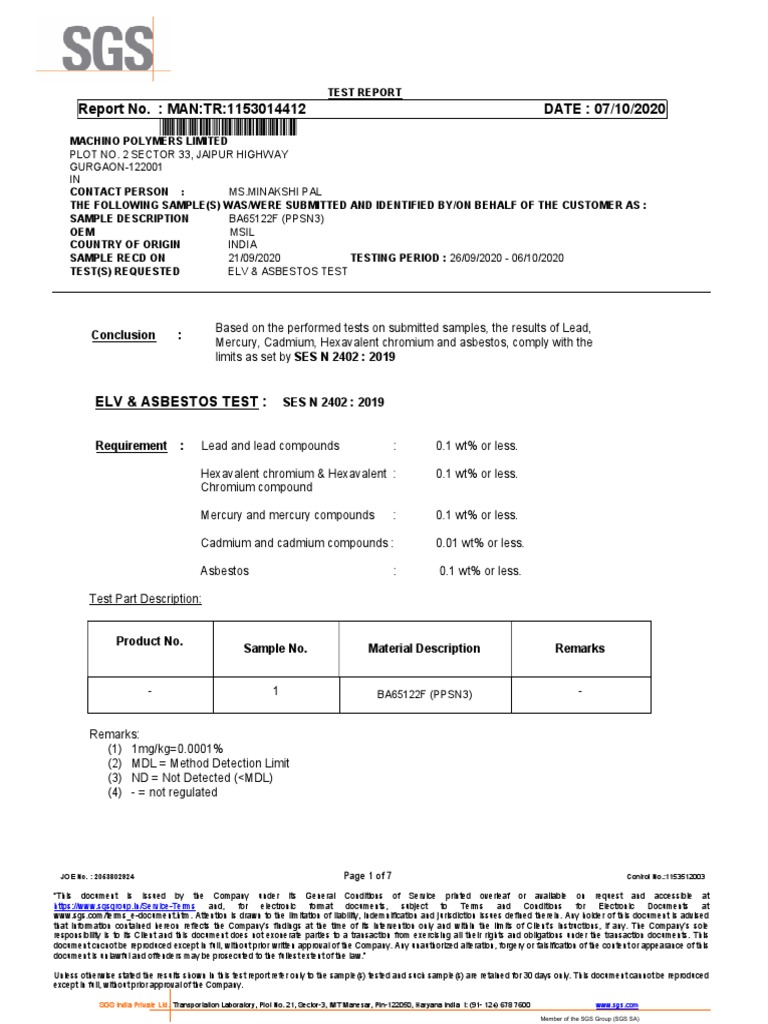 ELV & Asbestos Test Report for Machino | PDF | Chromium | Solubility