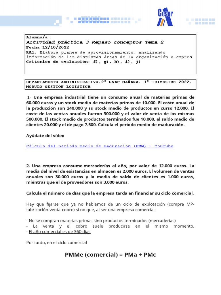 Gestión Logística Tema 2. Actividad 3 - Repaso Conceptos Tema | PDF | Logística | Business