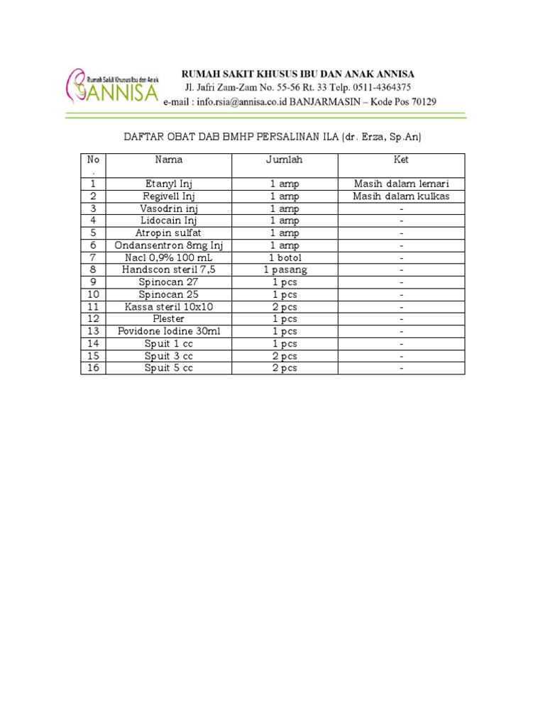 Daftar Obat Dan BMHP Persalinan Ila | PDF