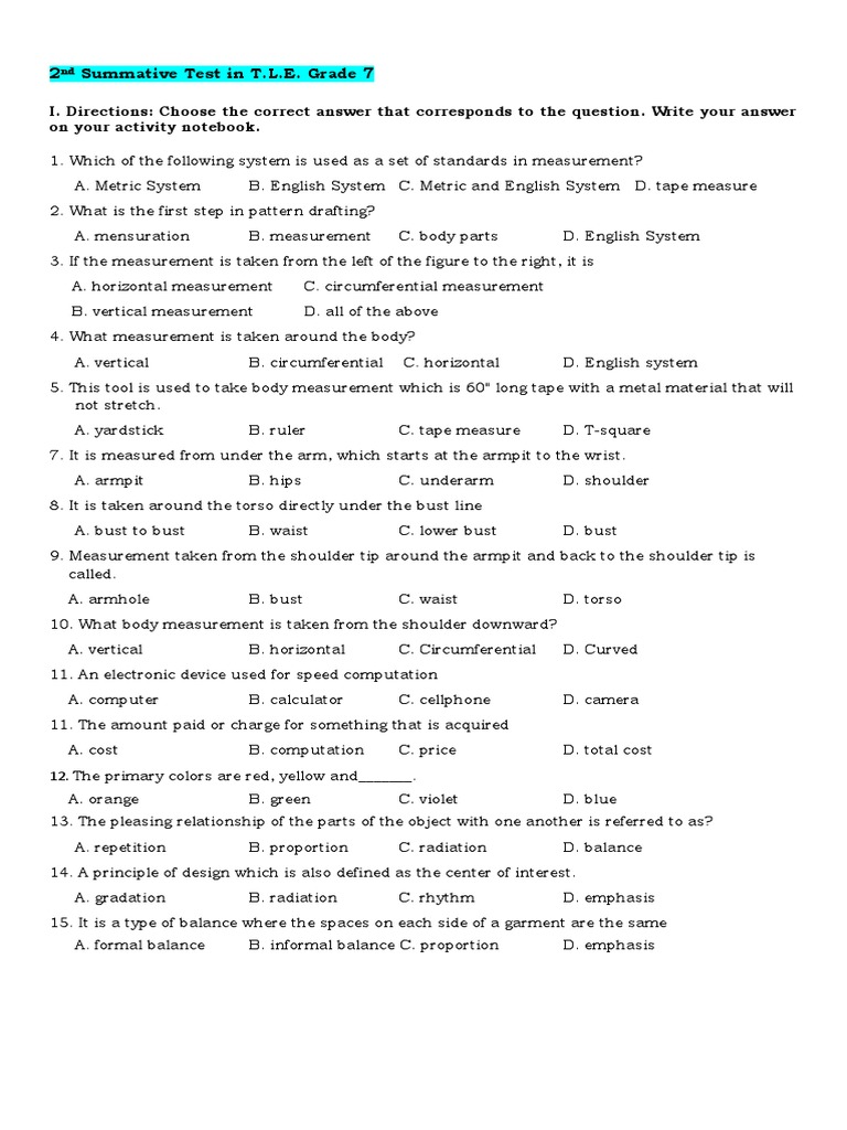 2nd Summative Test in TLE Grade 7 | PDF | Color