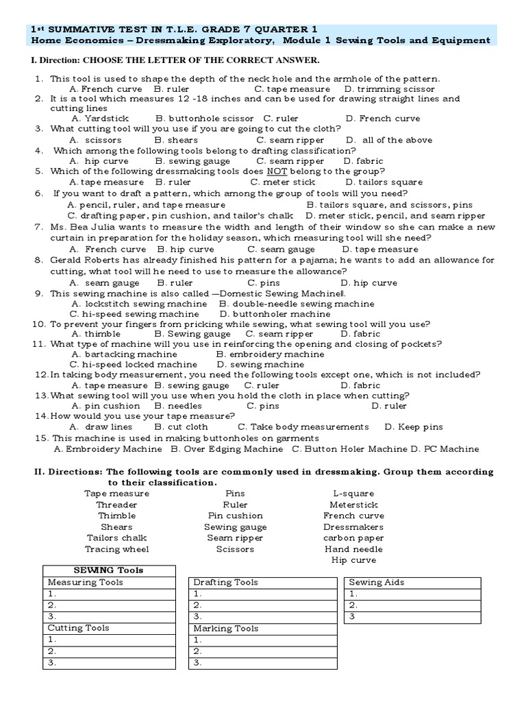 Dressmaking Tools & Quiz Guide | PDF | Sewing | Seam (Sewing)