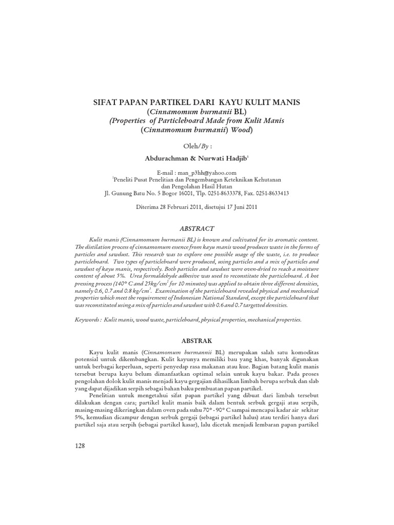 SIFAT PAPAN PARTIKEL DARI KAYU KULIT MANIS Cinnamo | PDF