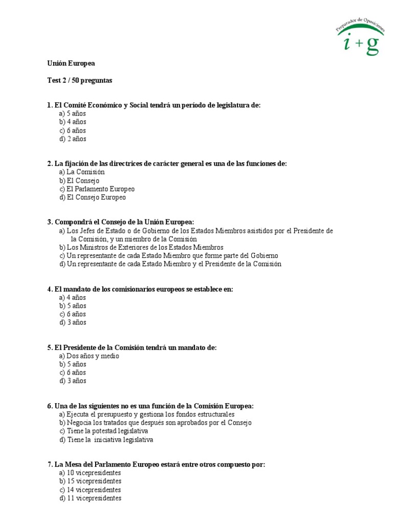 Test de Oposiciones Unión Europea | PDF | Corte de justicia europea ...
