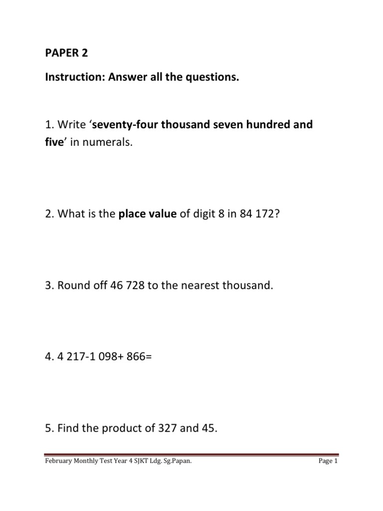 Mathematics Year 4 Paper 2 | PDF