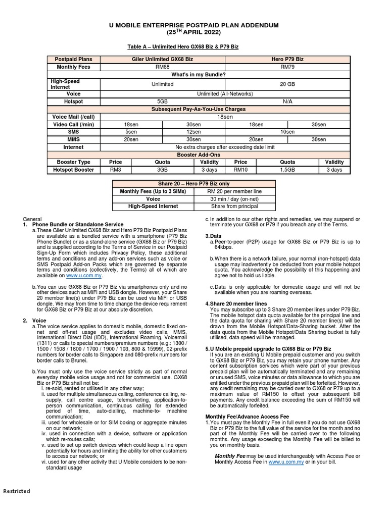 U Mobile Postpaid Plans TC Addendum - GX68P79 Phone Bundle | PDF | Fee ...