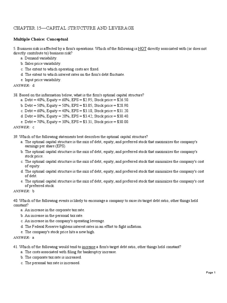 Analysis of Multiple Choice Questions Regarding Capital Structure and Leverage Concepts | PDF ...