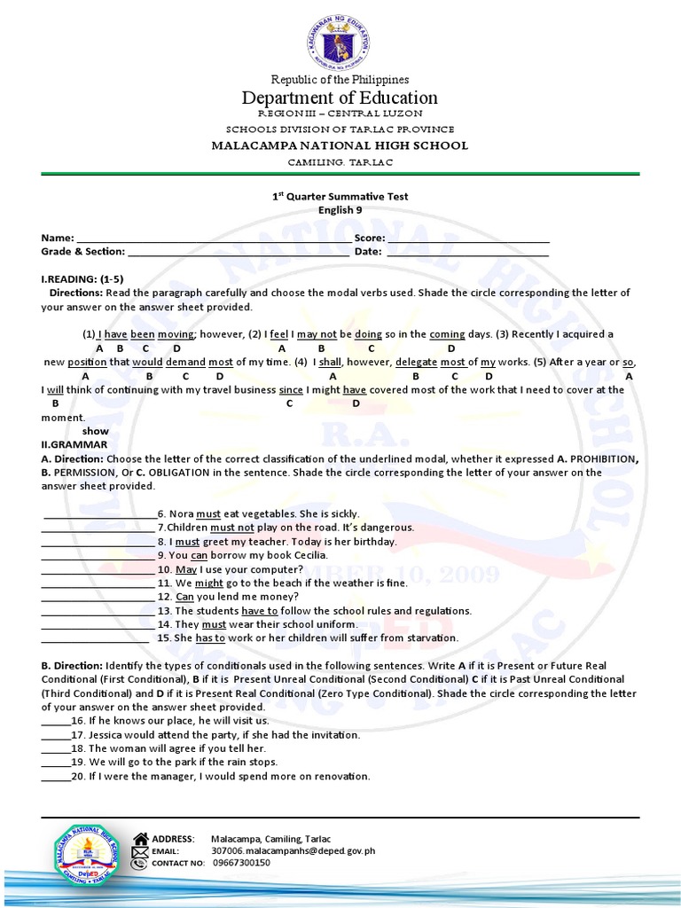 1st Qtr. Summative Test | PDF