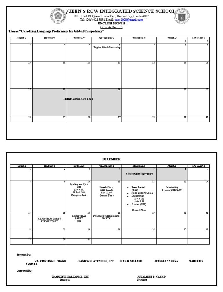 Calendar For Eng. Month | PDF