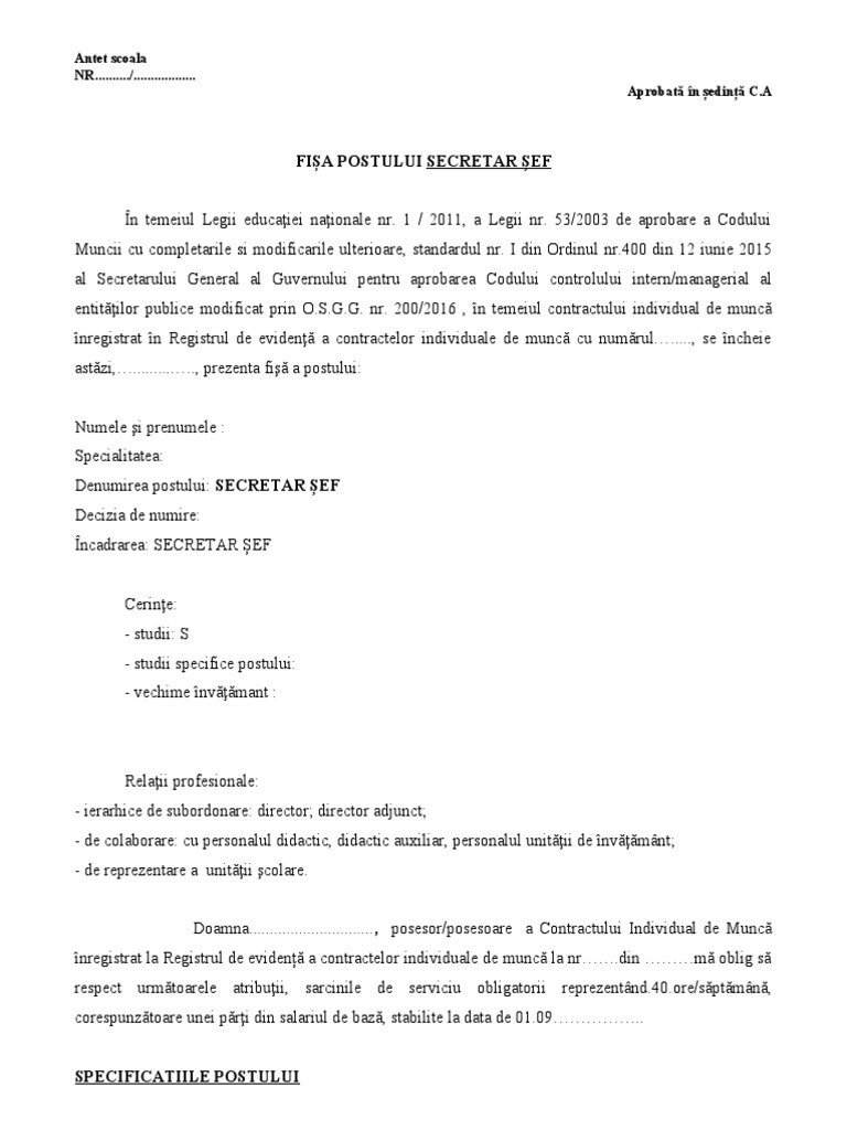 Fisa Post Secretar | PDF