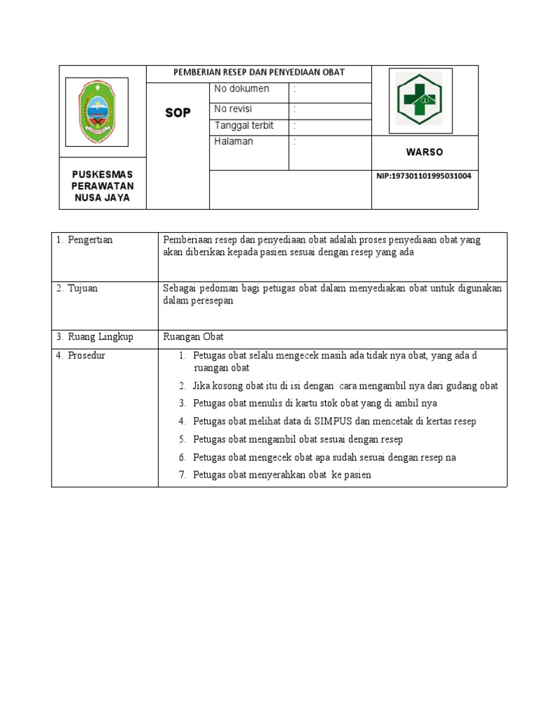 Sop Pemberian Resep Dan Penyediaan Obat | PDF
