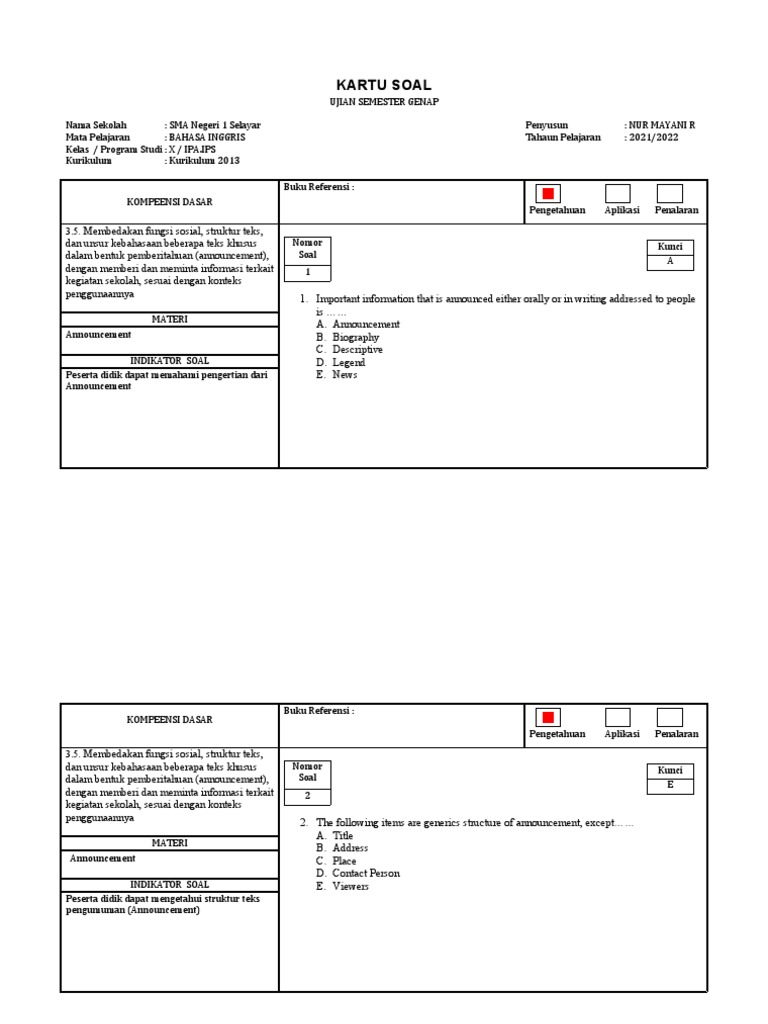 Kartu Soal Bahasa Inggris Kelas X Semester Genap | PDF