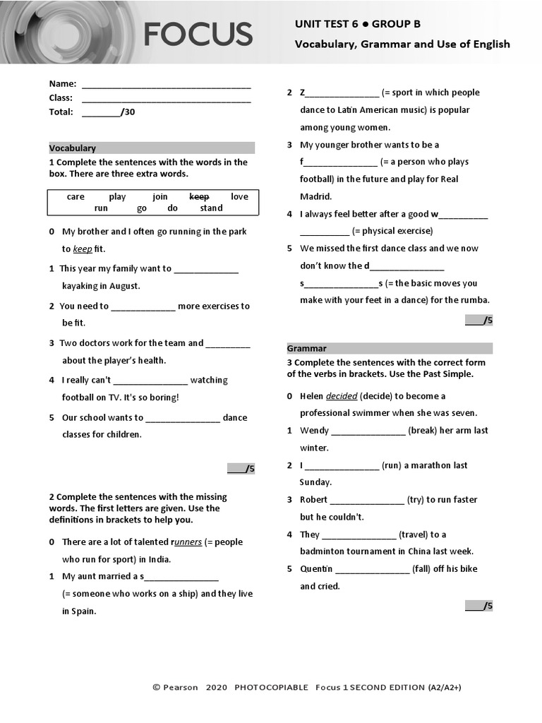 Focus1 2E Unit Test Vocabulary Grammar UoE Unit6 GroupB | PDF | Linguistics