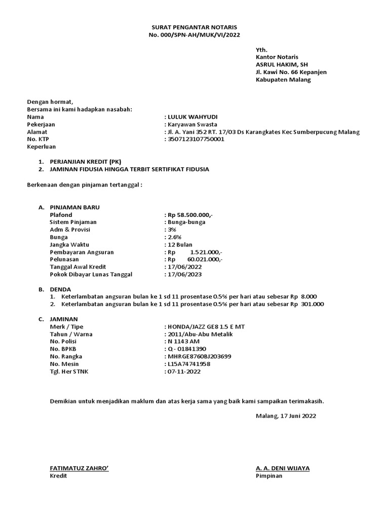 Surat Pengantar Notaris Kredit 2022 | PDF