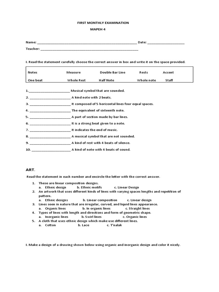 Mapeh 4 FIRST MONTHLY EXAMINATION | PDF | Sports & Recreation ...