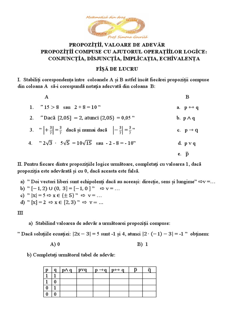 Fisa de Lucru Operatii Logice Elementare" 2, Prof. Simona Gavrila | PDF