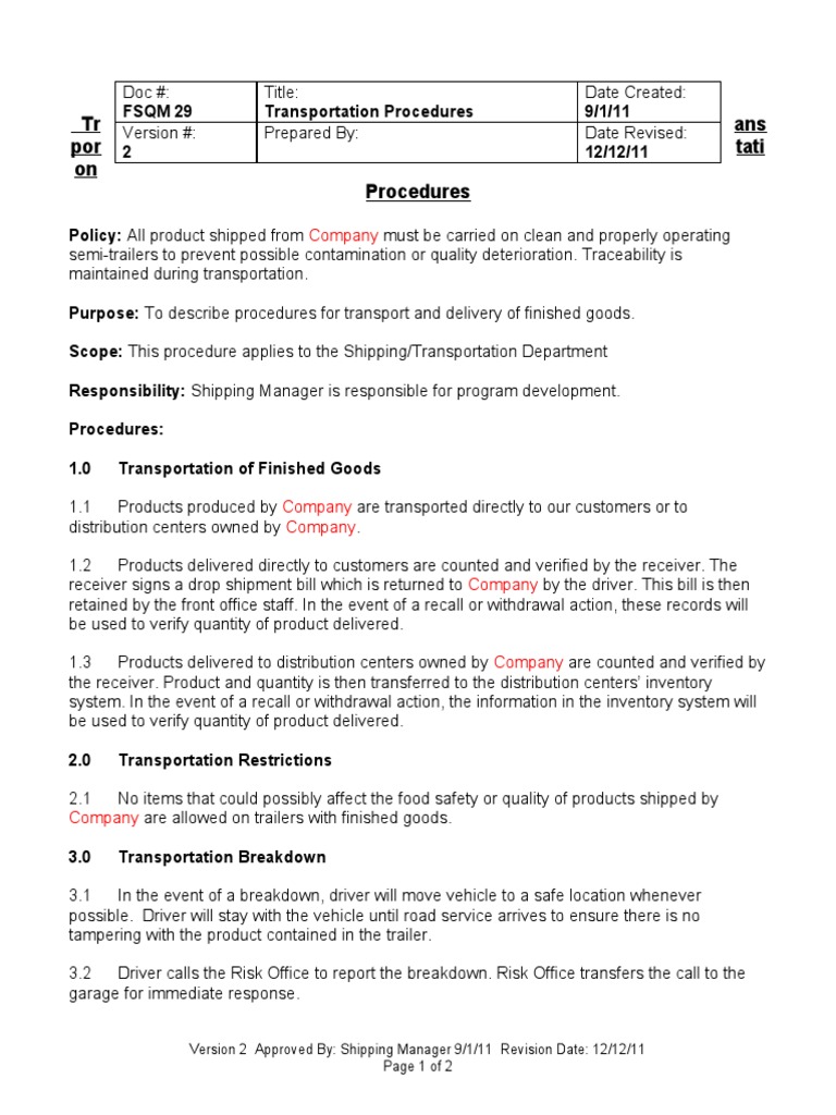 PS - Transportation Procedures | PDF | Food Safety | Transport