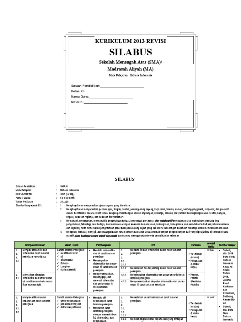 Silabus Bahasa Indonesia Kelas 12 (7 Kolom) | PDF
