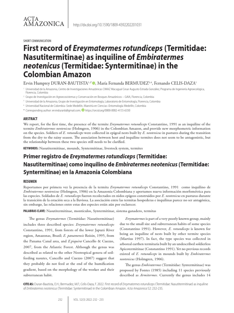 First Record of Ereymatermes Rotundiceps (Termitidae Nasutitermitinae ...