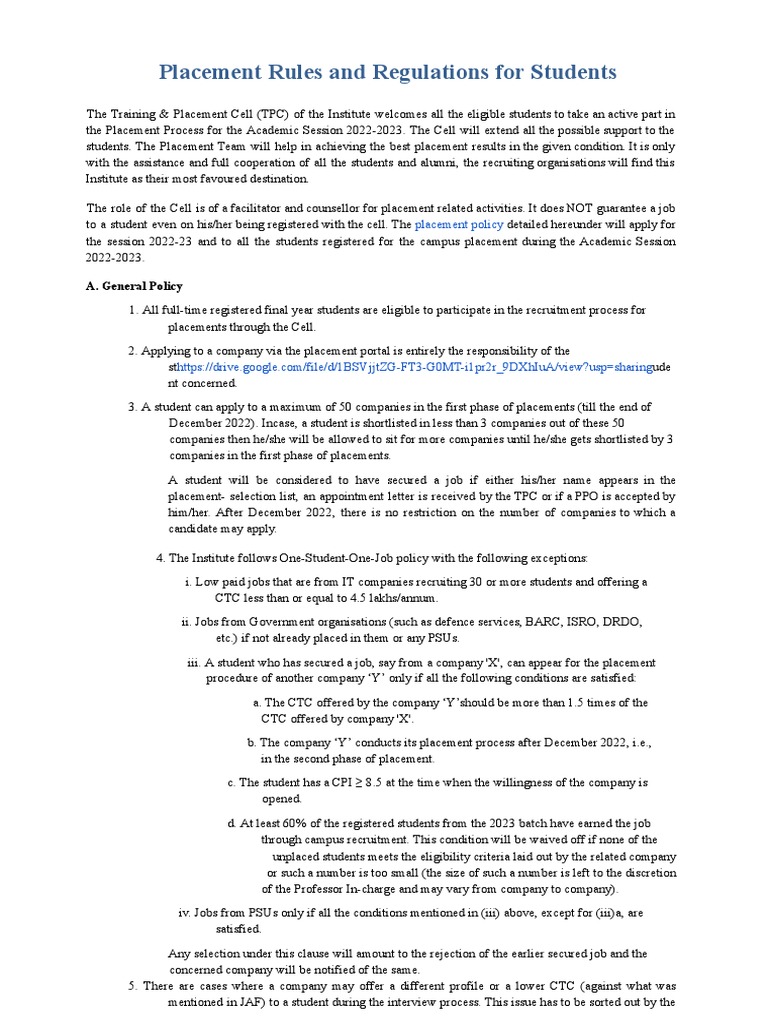 Placement Rules and Regulations For Students | PDF