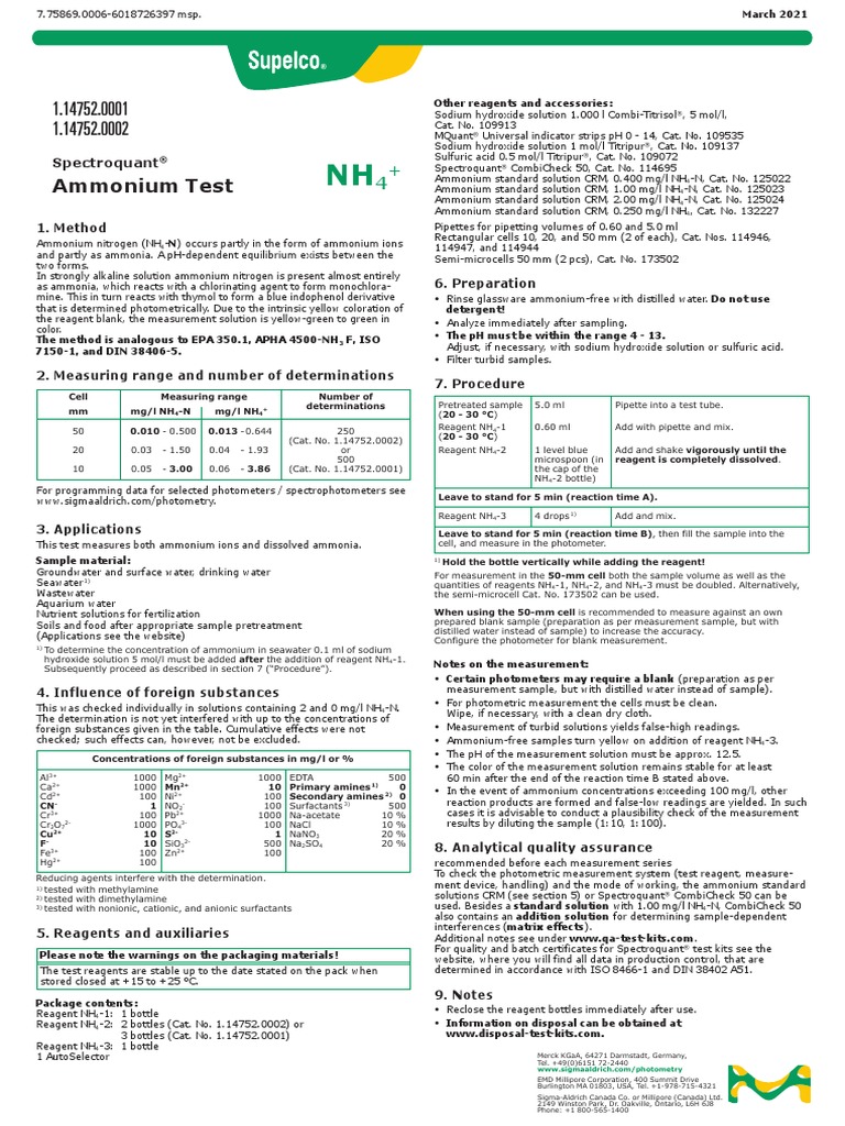 Spectroquant Ammonium Test 114752 | PDF | Ammonium | Ph