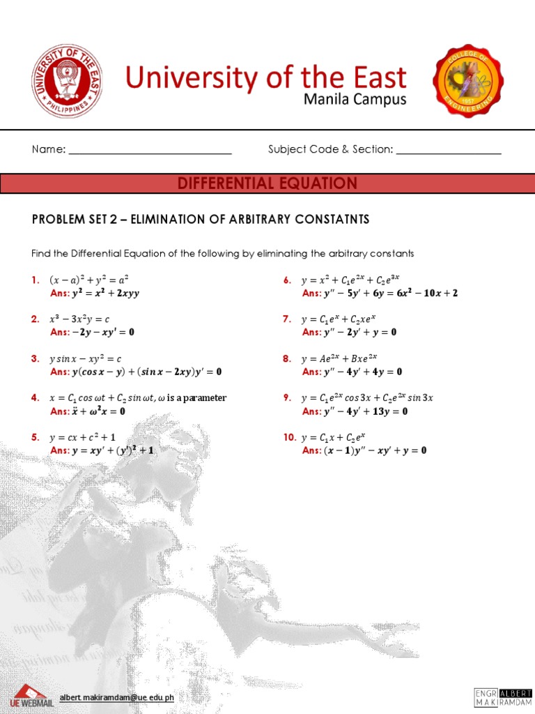 Problem Set 2 - Elimination of Arbitrary Constants | PDF