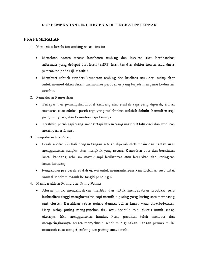 SOP Pemeliharaan Susu Sapi Higienis | PDF