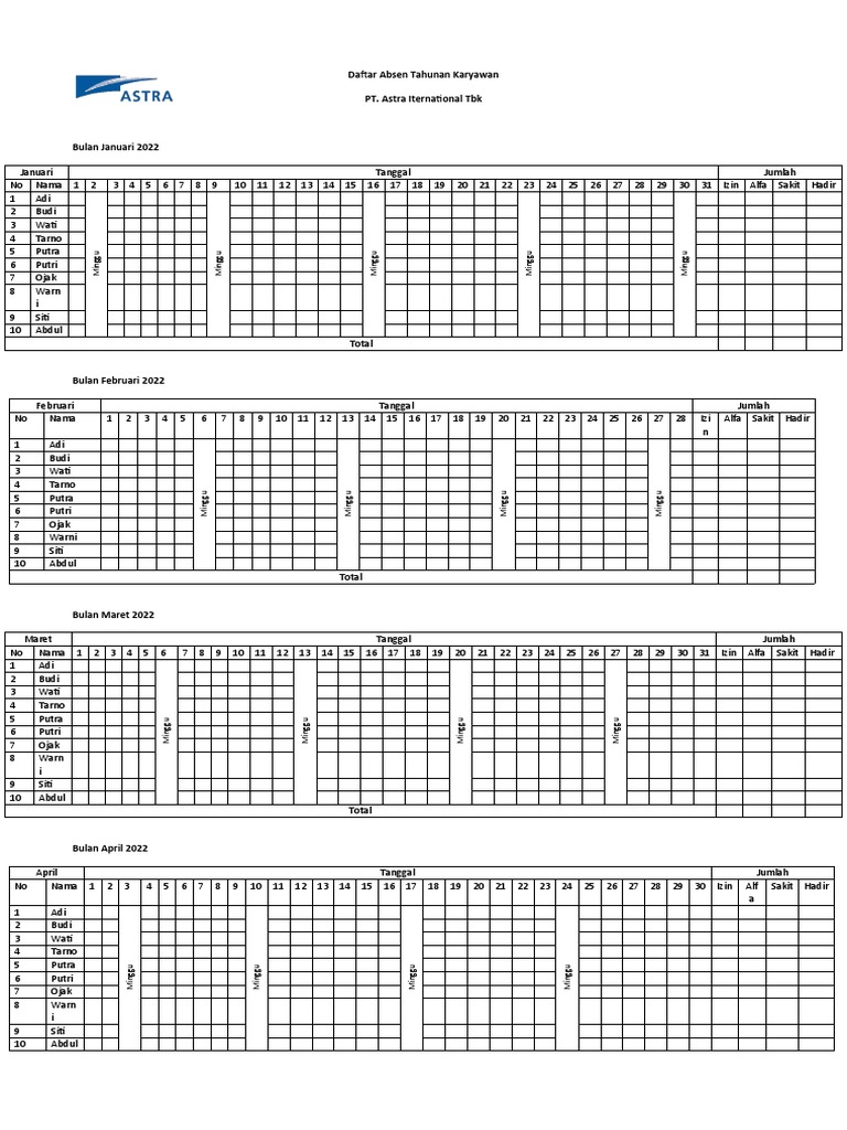 Daftar Absen Tahunan Karyawan | PDF