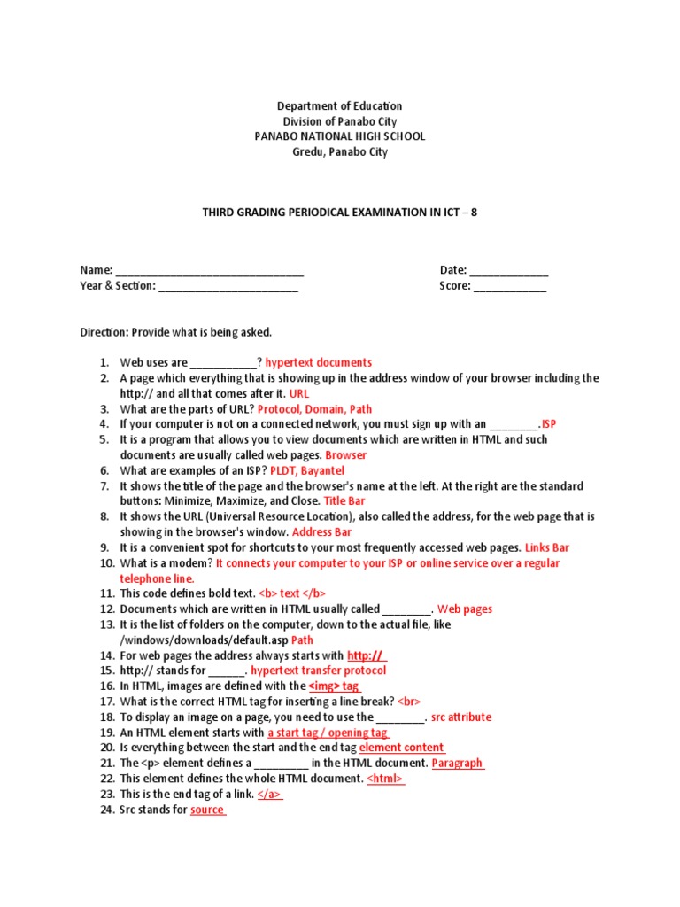 Third Grading Exam ICT - 8 - Answer Key | PDF | Html Element | Hyperlink