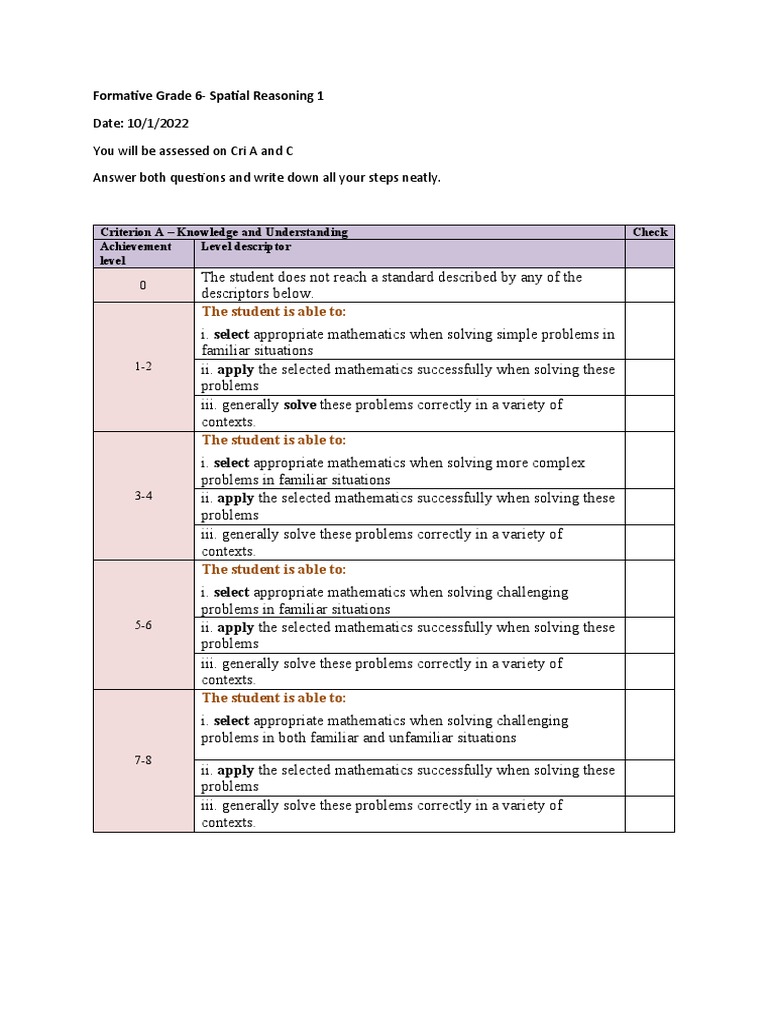 Formative Grade 6 - Spatial Reasoning 1 | PDF | Reason | Mathematics