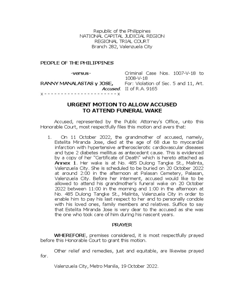 Motion for Funeral Wake Attendance | PDF | Courts | Government