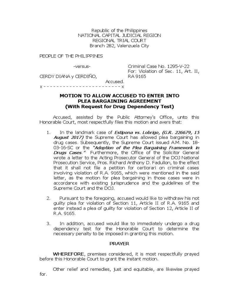 Motion For Plea Bargain Cerdy Diana | PDF | Plea Bargain | Plea