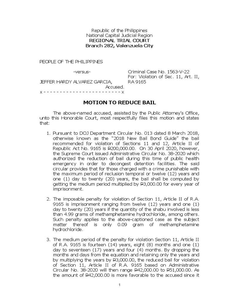 Motion to Reduce Bail in Drug Case | PDF | Bail | Detention (Imprisonment)