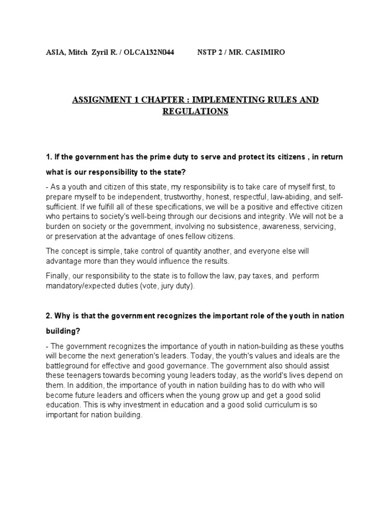 Chapter 1 Assignment - NSTP2 | PDF | Citizenship | Government