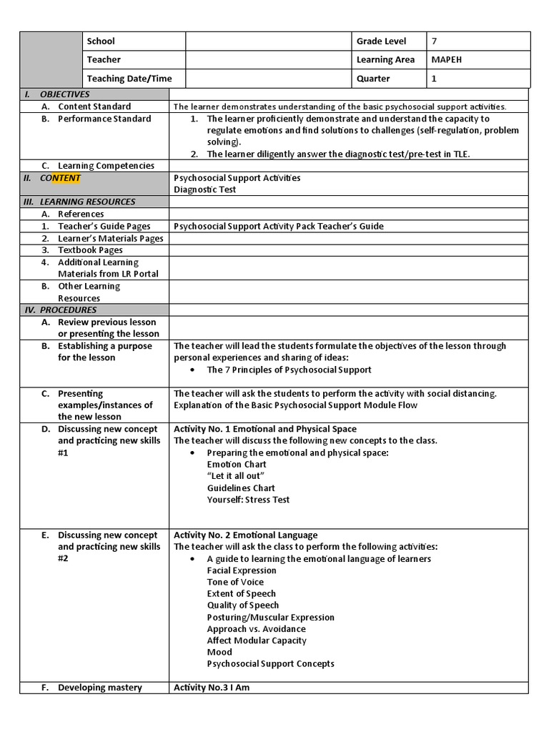 Grade 7 Psychosocial Activities | PDF | Learning | Teachers