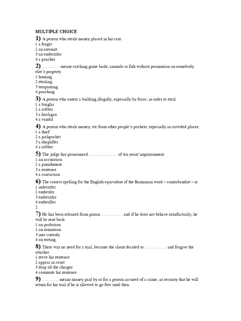 MULTIPLE CHOICE Vocabulary Exercises | PDF | Arrest | Perjury