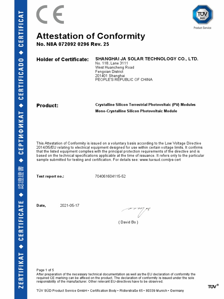 CERTIFICADO CE - JAM60S20 - v2 | PDF | Photovoltaics | Electricity