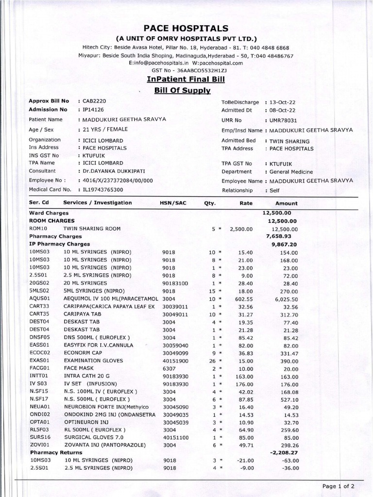 Final Bill and Discharge Summary of Pt-M.geetha Sravya - 0001 | PDF