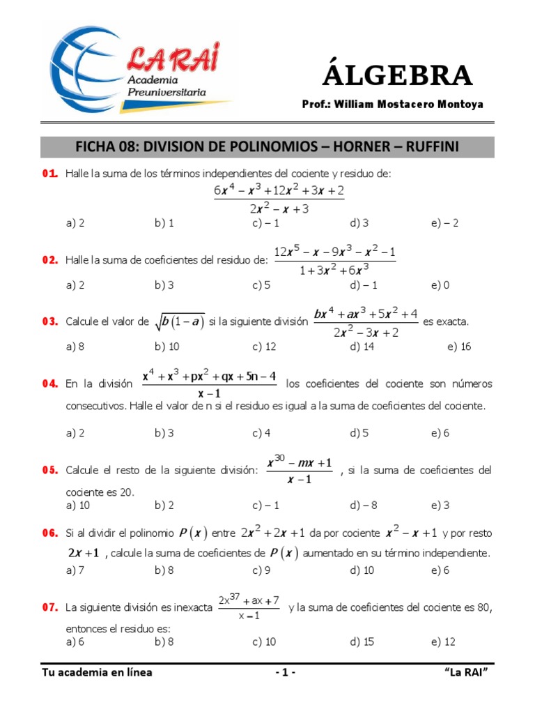 Ficha 8 Horner Ruffini | PDF | División (Matemáticas) | Algoritmos