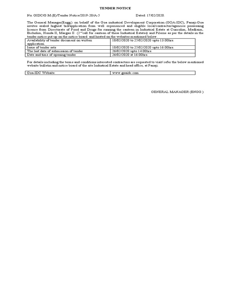 Canteen Tender Notice for Goa Industrial Estates | PDF | Employment ...