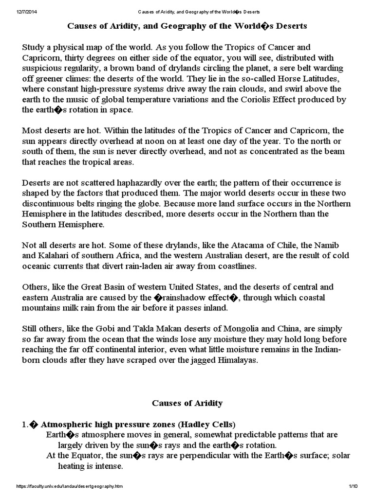 Causes of Aridity, and Geography of The World S Deserts | PDF | Desert ...