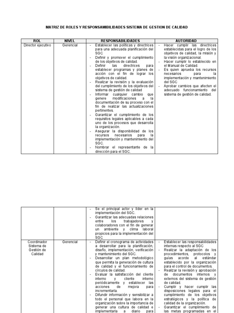 Matriz de Roles y Responsabilidades Sistema de Gestion de Calidad | PDF | Calidad (comercial ...