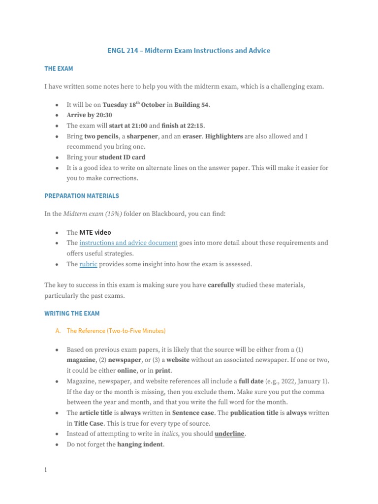 Midterm Exam Preparation: Detailed Instructions and Helpful Advice for ...