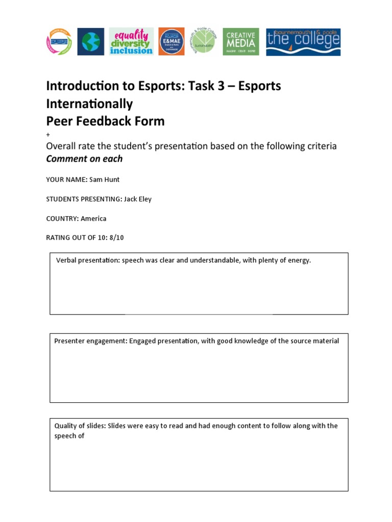Introduction To Esports Task 3 - Peer Feedback Form 1 | PDF
