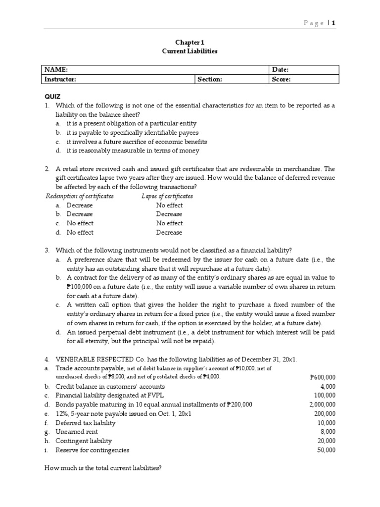 Quiz - Chapter 1 - Current Liabilities - 2021 | PDF | Accounts Payable | Current Liability