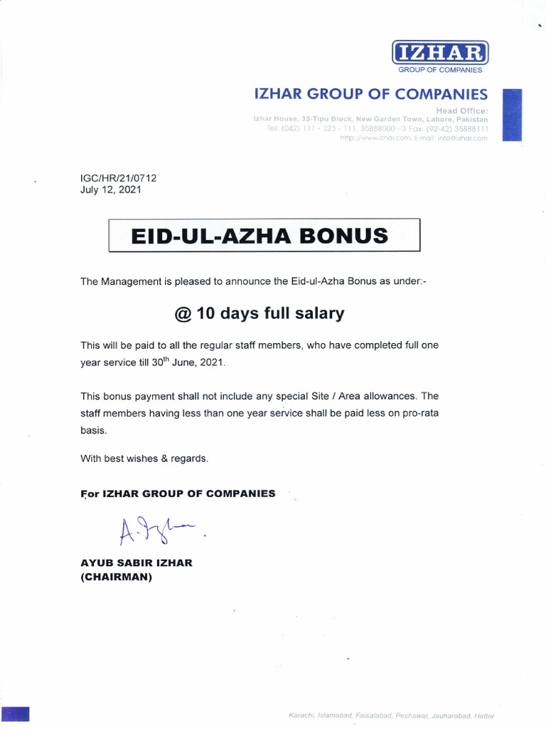 Eid Ul Azha Bonus 2021 | PDF