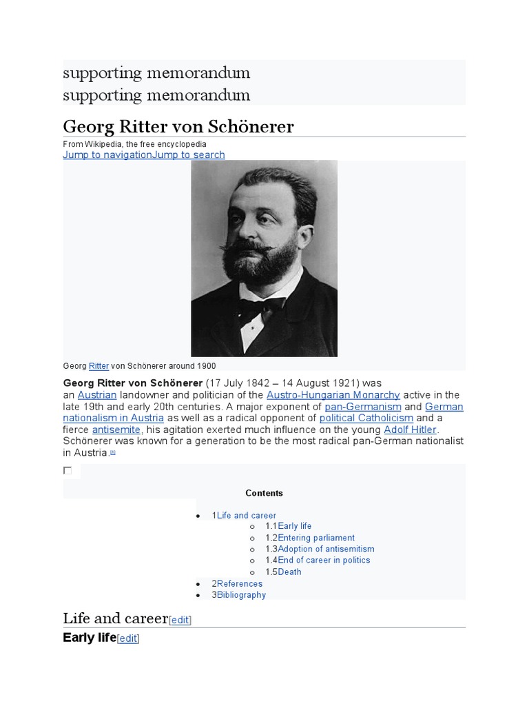 Georg Ritter Von Schönerer: Supporting Memorandum Supporting Memorandum | PDF