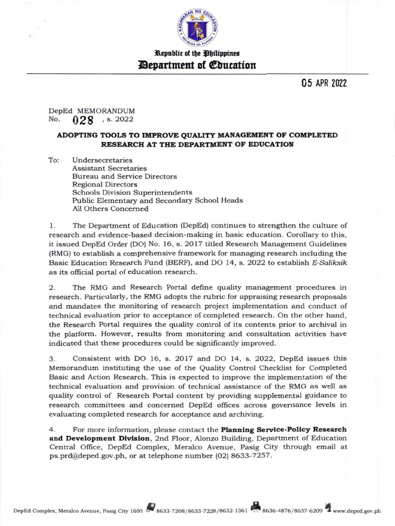 DepEd Adopts Quality Checklists to Improve Research Management | PDF ...