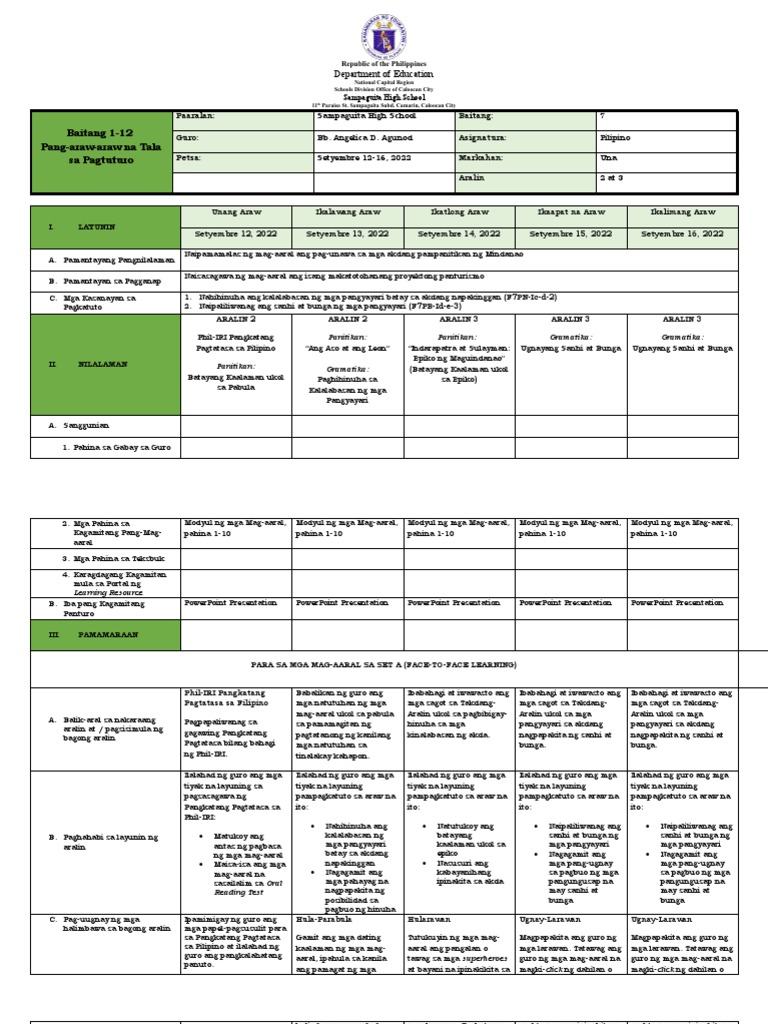 Week 4 - Quarter 1 - DLL - Filipino 7 | PDF