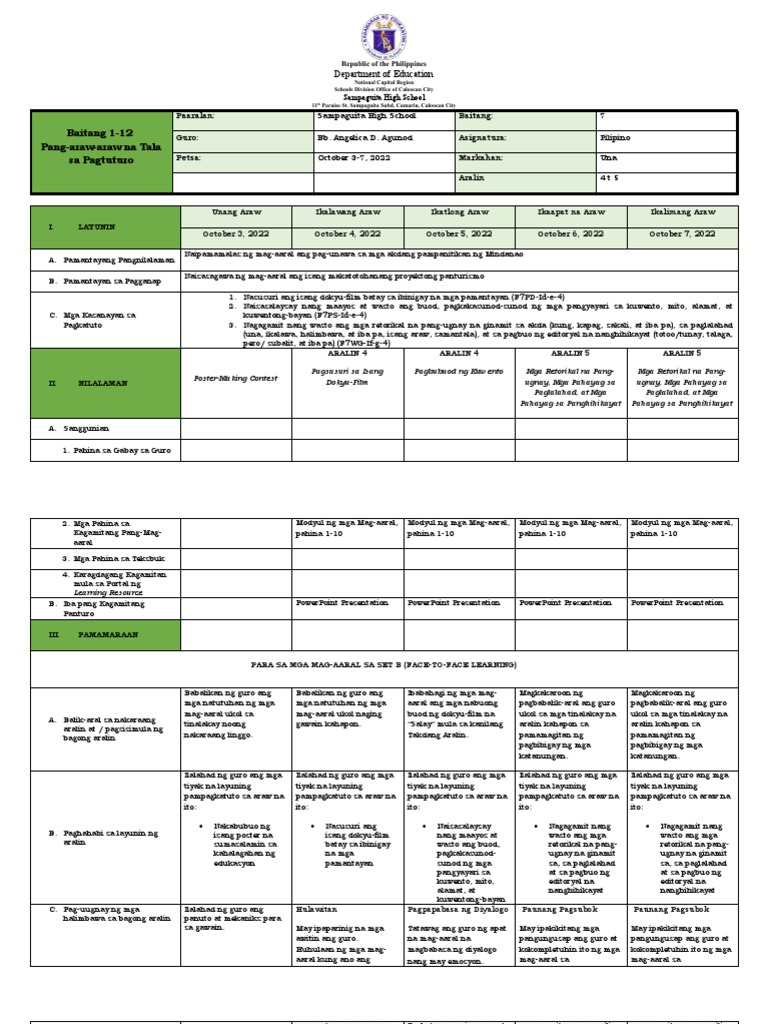 Week 7 - Quarter 1 - DLL - Filipino 7 | PDF