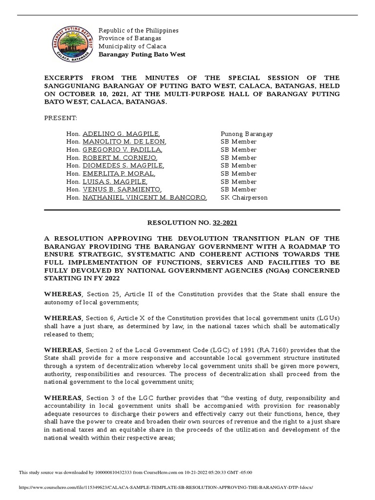 Calaca Sample Template SB Resolution Approving The Barangay DTP 1 | PDF ...